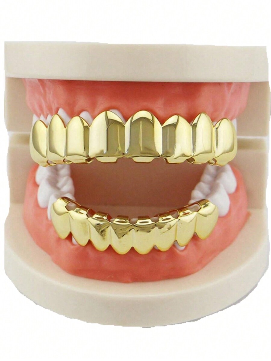 1/2pcs Hiphop Gold-Plated Teeth Grillz, Shiny 8-Tooth Gold Tone Grillz ...