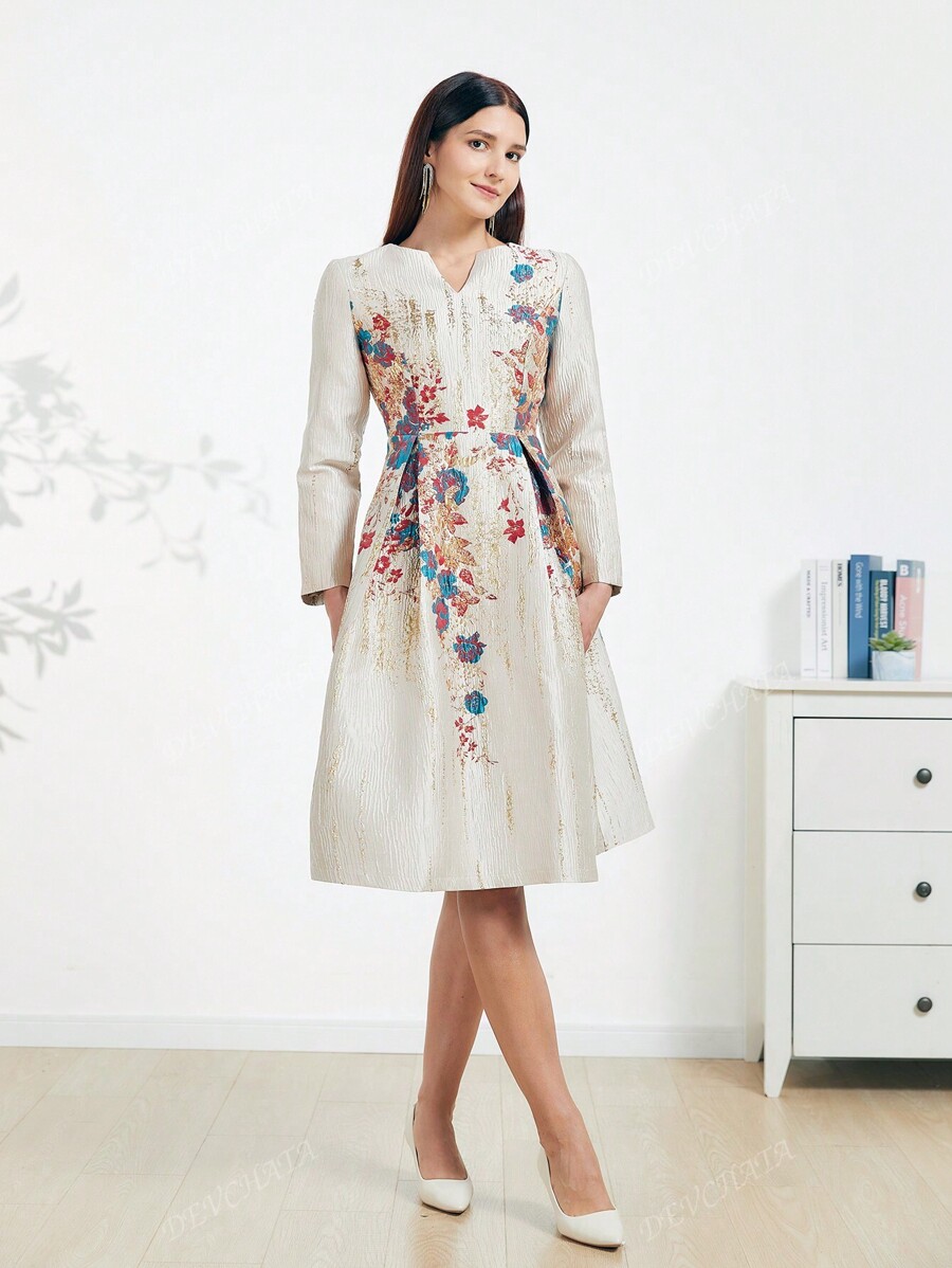 Elegant Ladies' Midi Cocktail Dress With Jacquard Pattern (Random Print ...