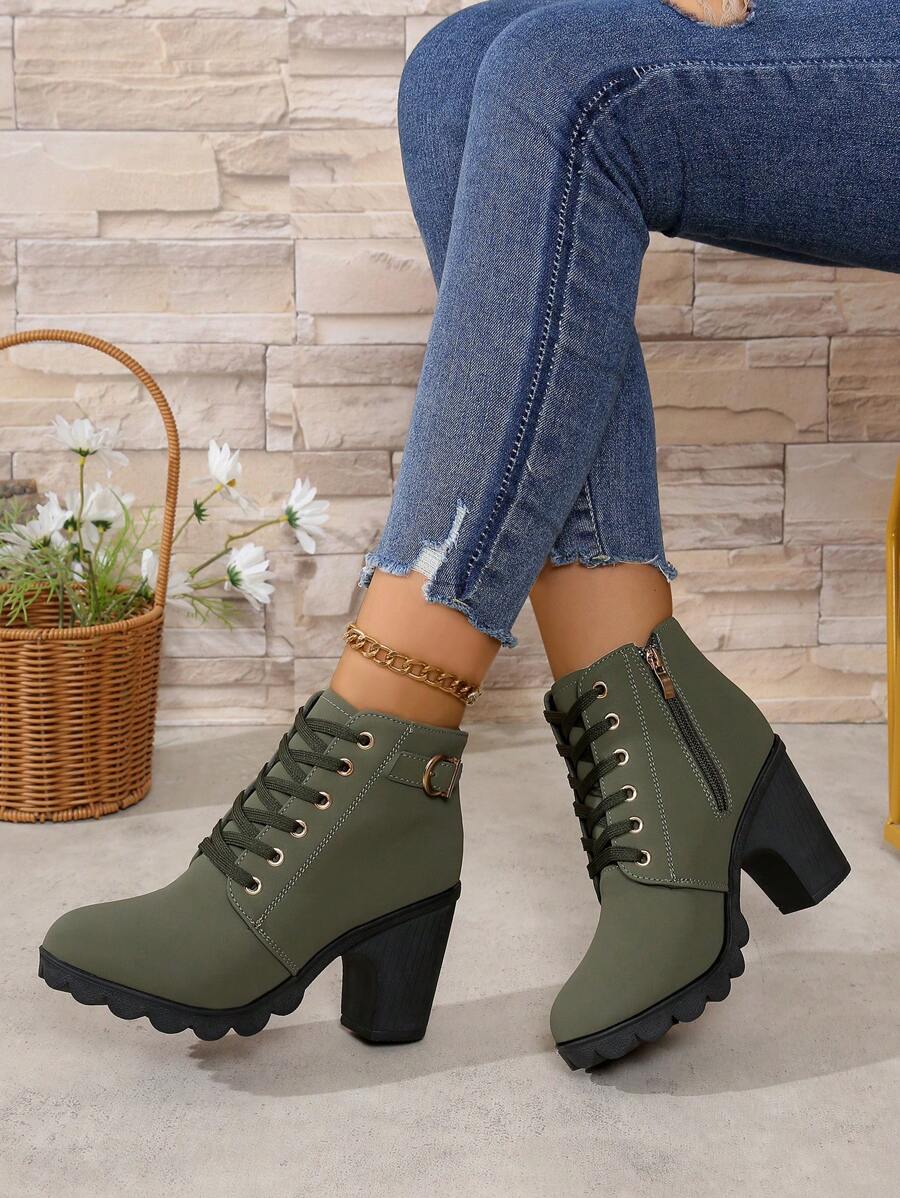 Women's Solid Color Block Heel Ankle Boots, Fashion Lace Up Side Zipper ...
