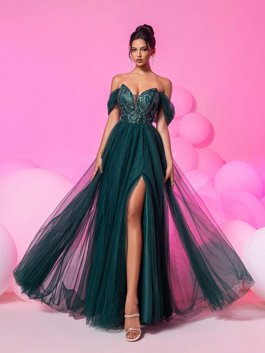 [Non-Position Embroidery] Elegant Luxury Green Sequin Lace & Mesh ...