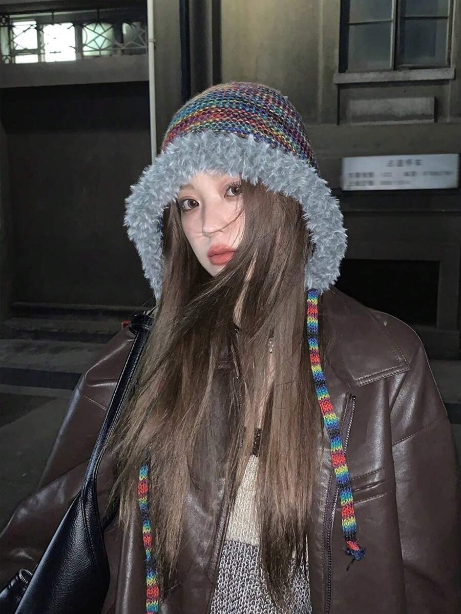 1pc Women's Multicolor Rainbow Striped Ombre Adorable Thick Knit Beanie ...