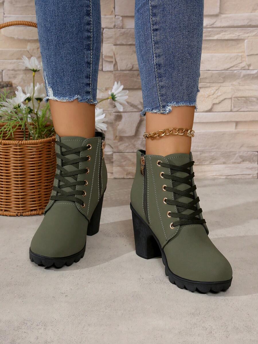 Women's Solid Color Block Heel Ankle Boots, Fashion Lace Up Side Zipper ...