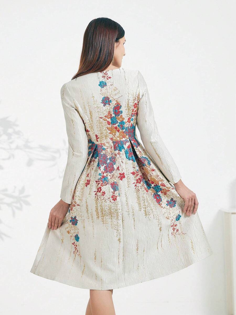 Elegant Ladies' Midi Cocktail Dress With Jacquard Pattern (Random Print ...