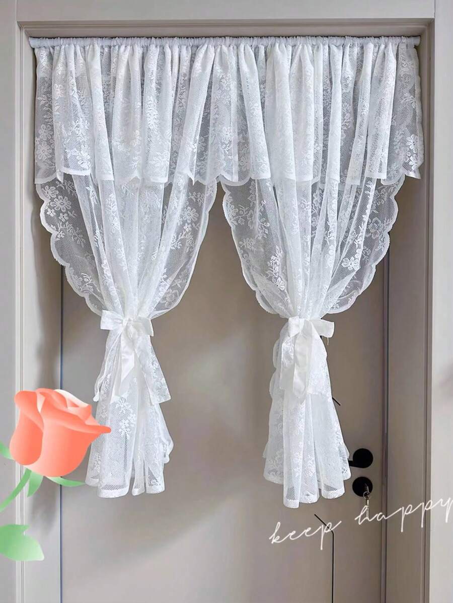 1pc White Lace Trim No-Drill Cafe Curtain, Fits Kitchen/Bedroom Window ...