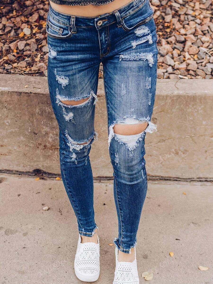 ディストレス加工 ブリーチウォッシュ スキニーデニムジーンズ 多数の穴あき レディース | SHEIN JAPAN