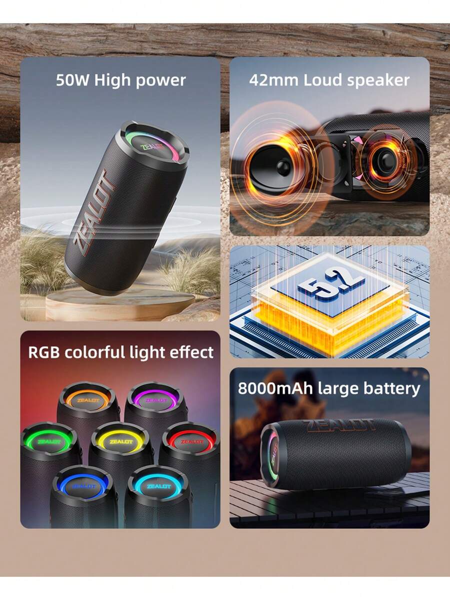 Altavoz inalámbrico portátil ZEALOT S76, Bt 5.2 transmisión estable, 2*57mm altavoces grandes ...