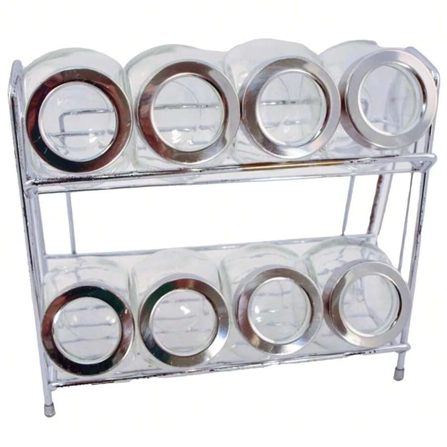 9 Piece Glass Spice Jar Set - With Shelf, Spill-Proof Design To Keep ...