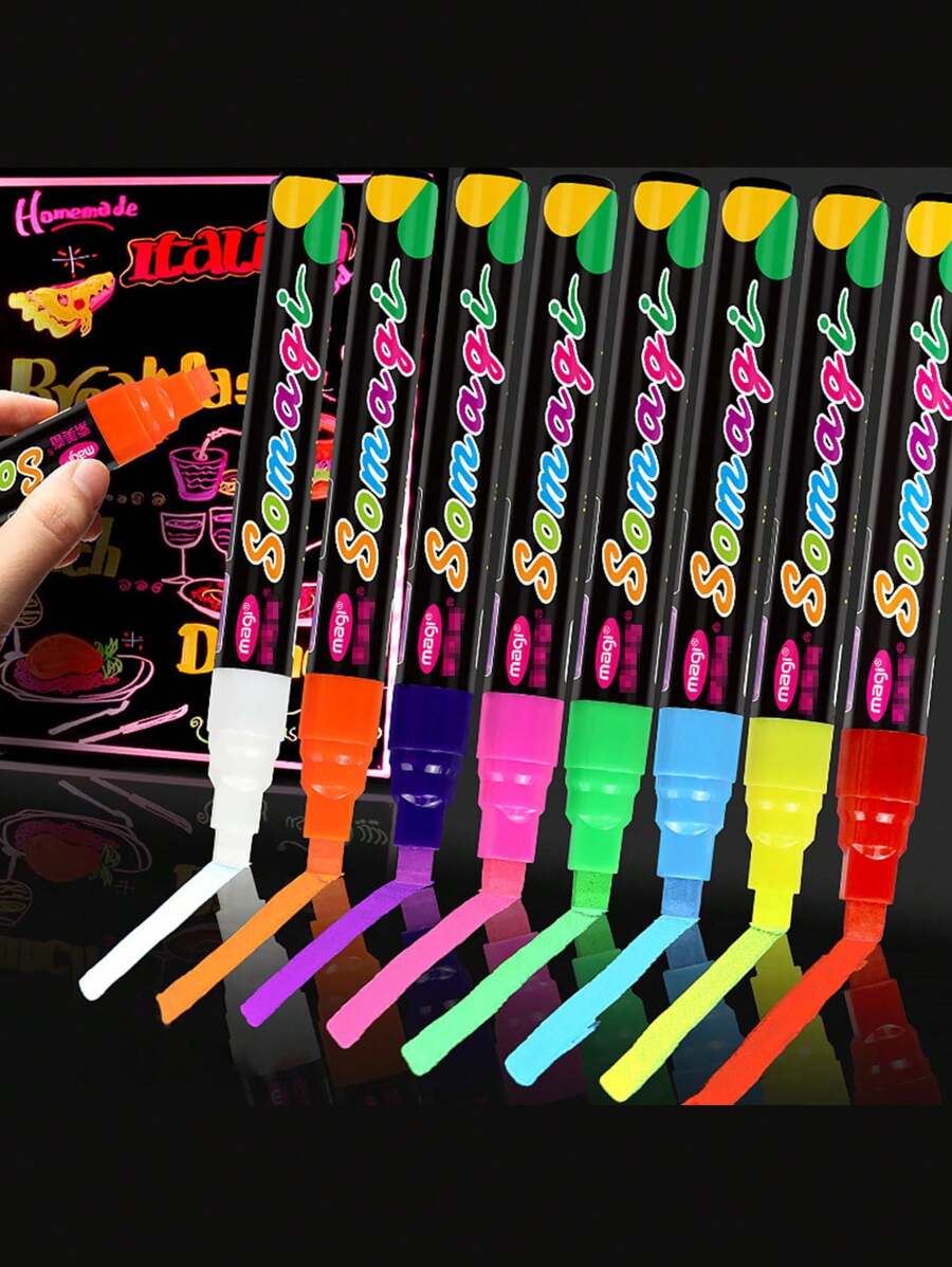 8-Color LED Fluorescent Board Marker Set, Erasable Liquid Chalk Pens ...