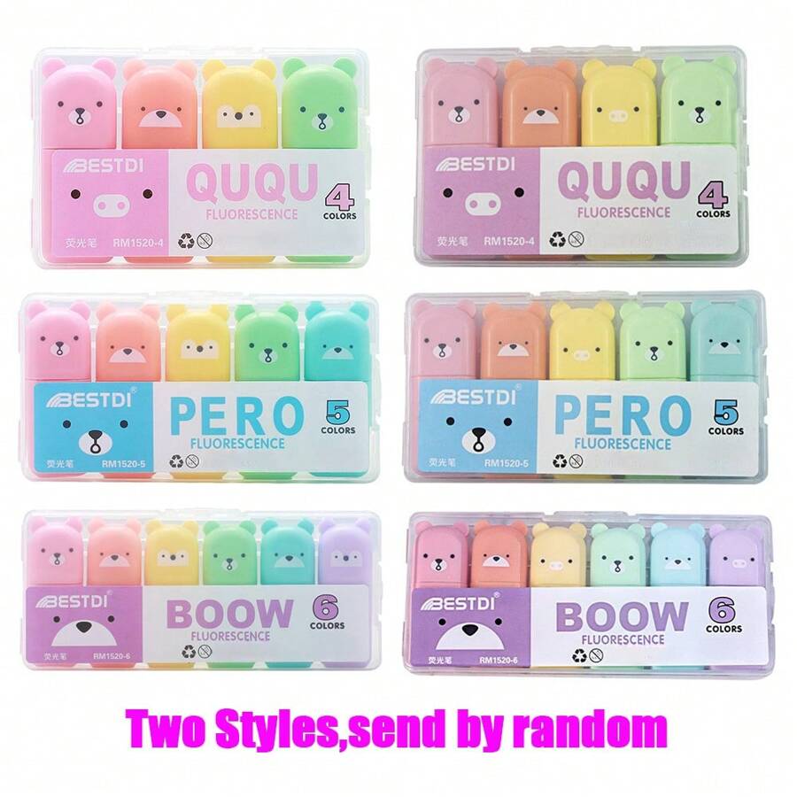 4/5/6 Pcs Kawaii Bear Highlighter Pens Cute Stationery Markers Oblique ...