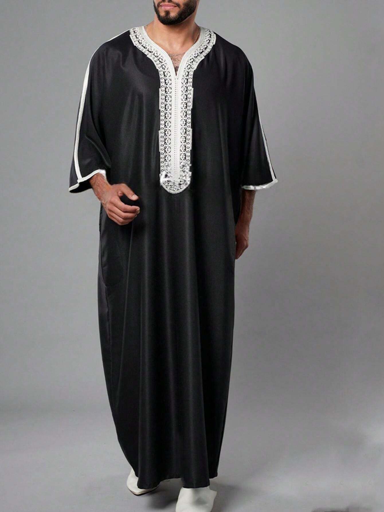 Muslim Loose Men's Abaya Short Sleeve Embroidered Moroccan Style ...