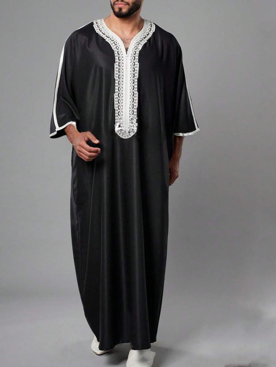 Muslim Loose Men's Abaya Short Sleeve Embroidered Moroccan Style ...