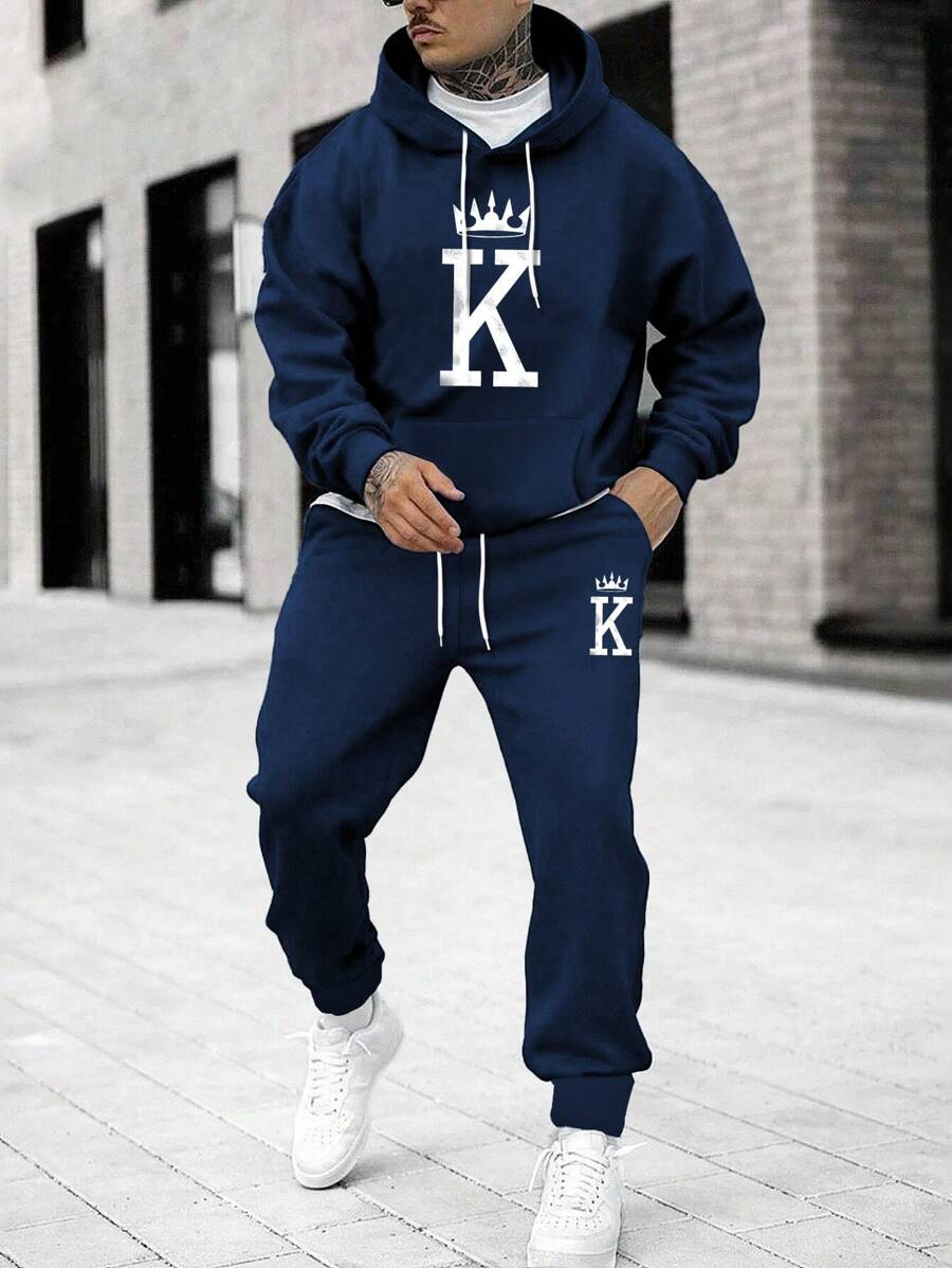2pcs Men's Letter K Print Hooded Sweatshirt And Drawstring Pocket Long ...