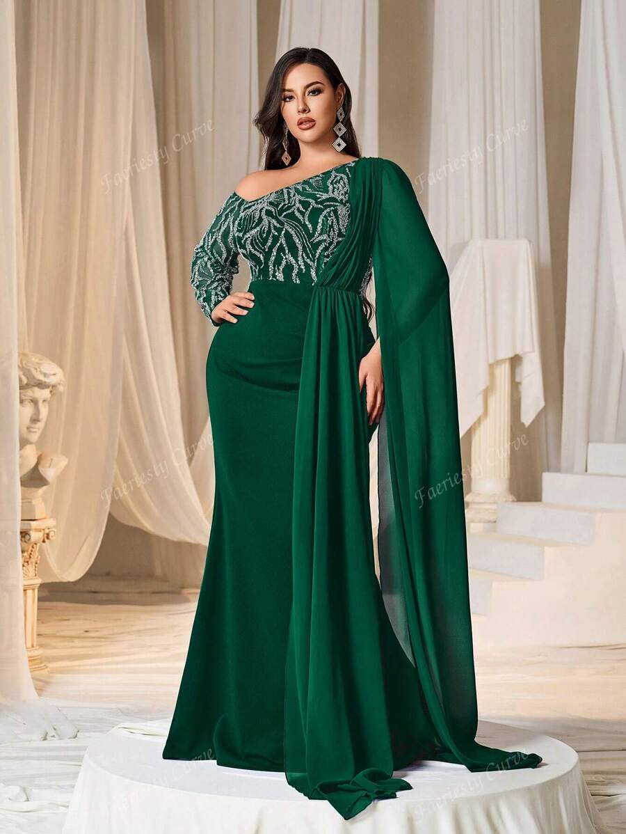 Faeriesty Plus Sloping Neck Draped Side Formal Prom Dress, Elegant Long ...