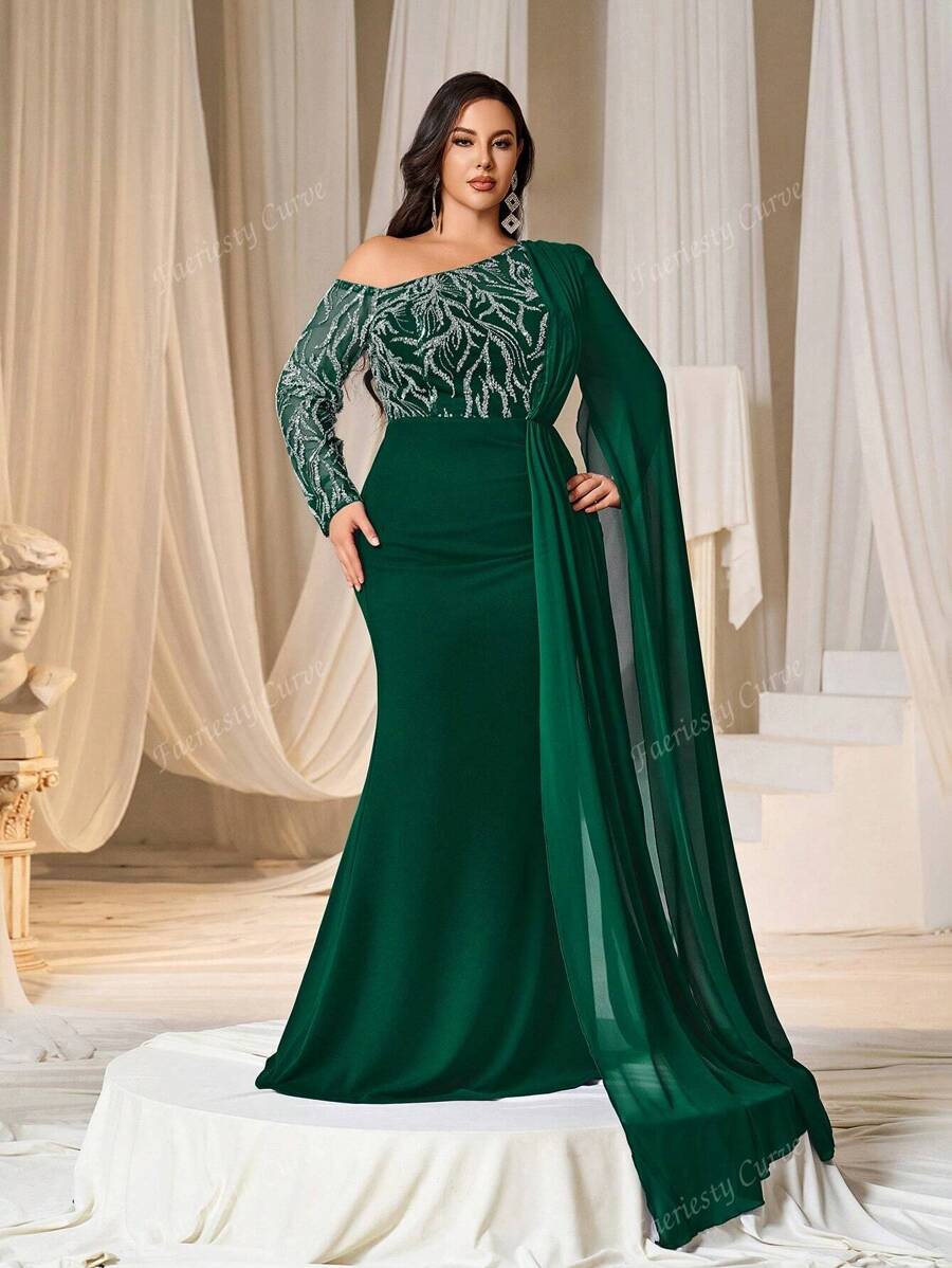 Faeriesty Plus Sloping Neck Draped Side Formal Prom Dress, Elegant Long ...