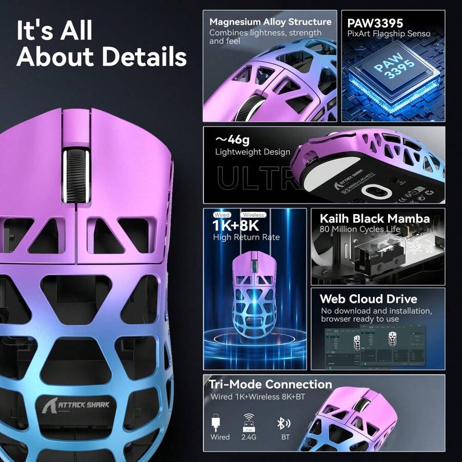 ATTACK SHARK R3 Magnesium Alloy Mouse, Wireless 8K Mouse, 46g ...