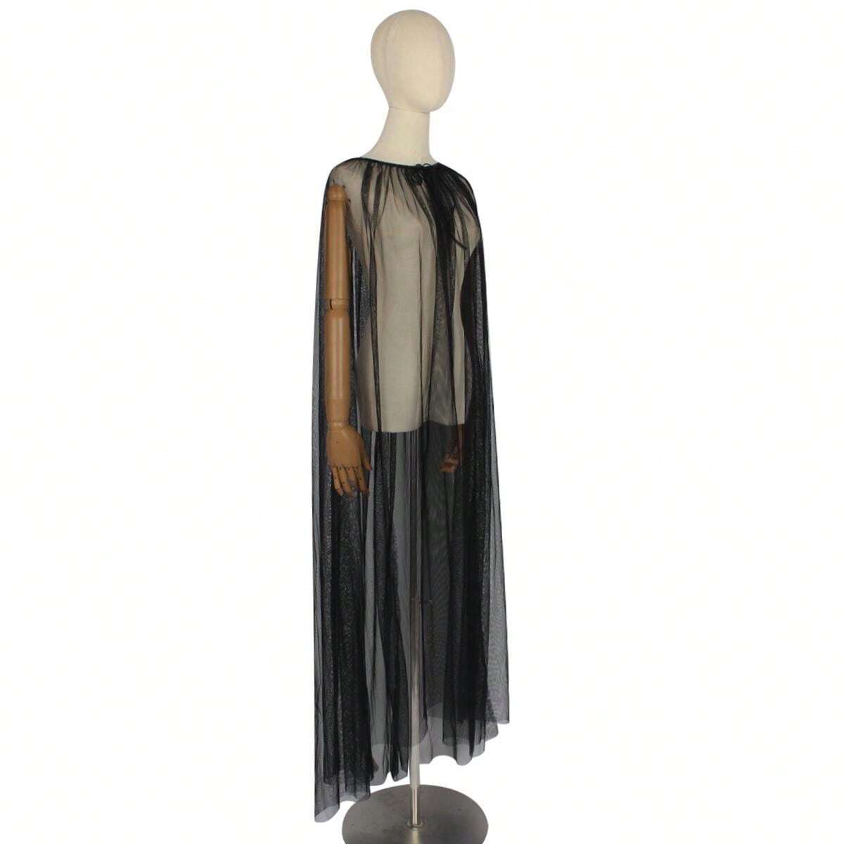 Women Black Gothic Mesh Lace Faux Robe Cape Long Mesh Costume ...