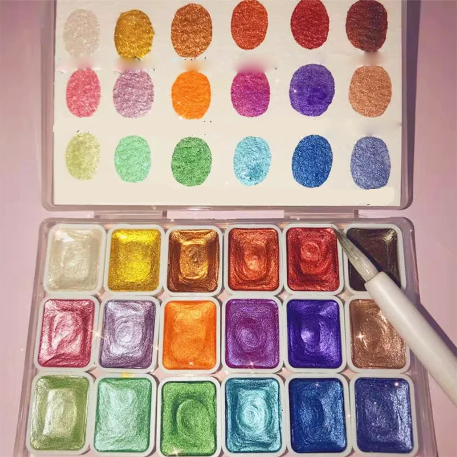 A Set Of 18 Colors Of Metallic Watercolor Paint Set - Portable ...