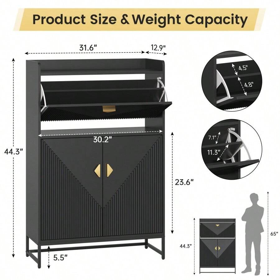 Black Shoe Cabinet With 3 Flip Drawers, Entrance Shoe Cabinet With 6 ...