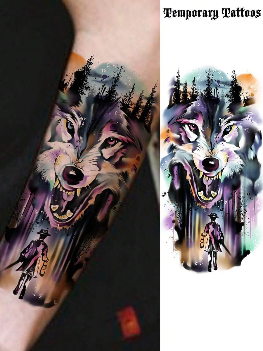 1 Sheet Watercolor Wolf Temporary Tattoos For Women Men Adults Arm Legs ...