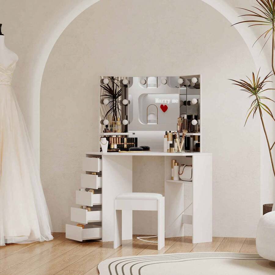 Corner Vanity And Stool, Corner Vanity Desk With Mirror And Lights ...
