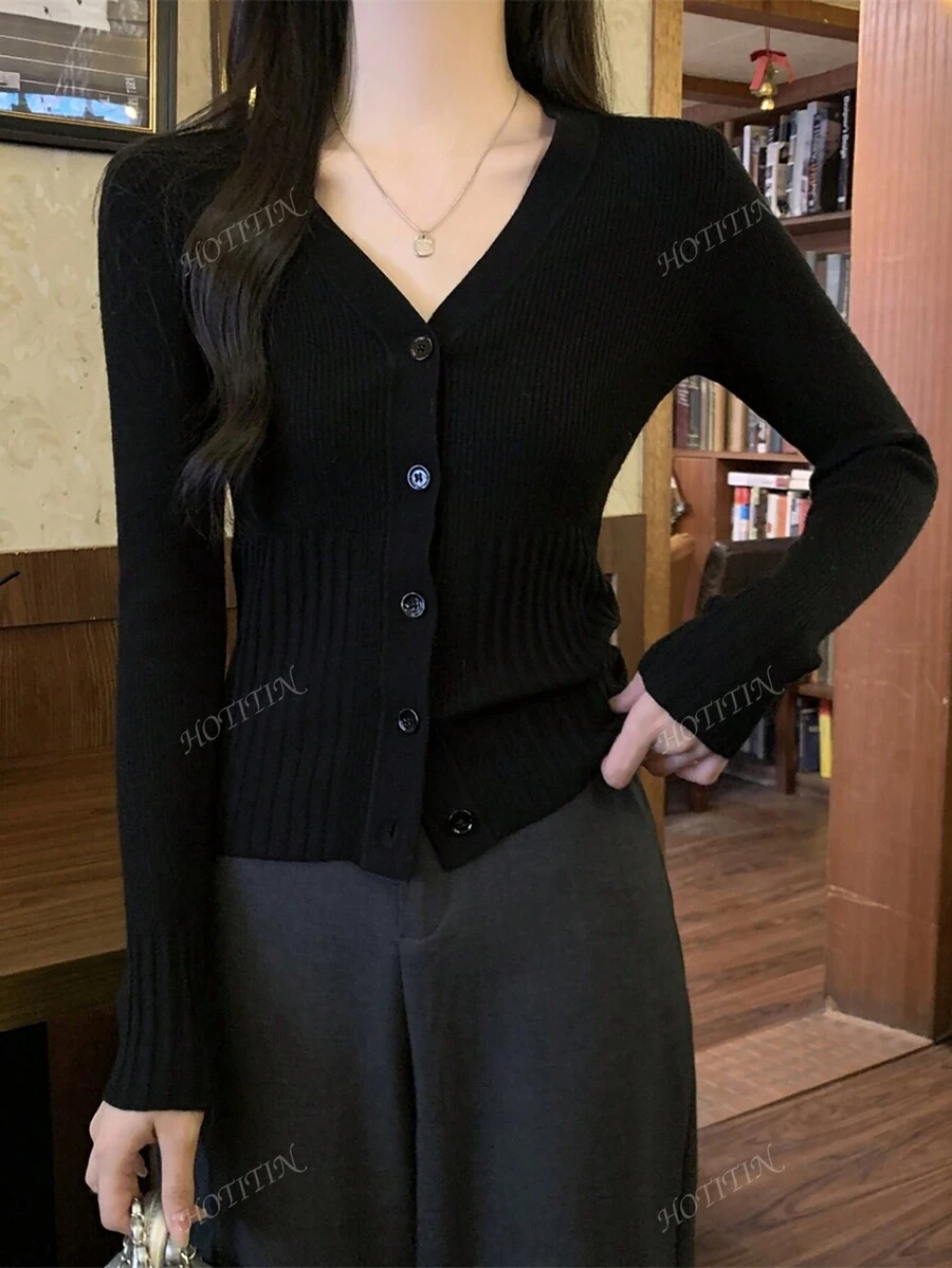 V-Neck Design With Thin Buckle, Long Sleeve, Pit Strip Sweater, Bottom ...
