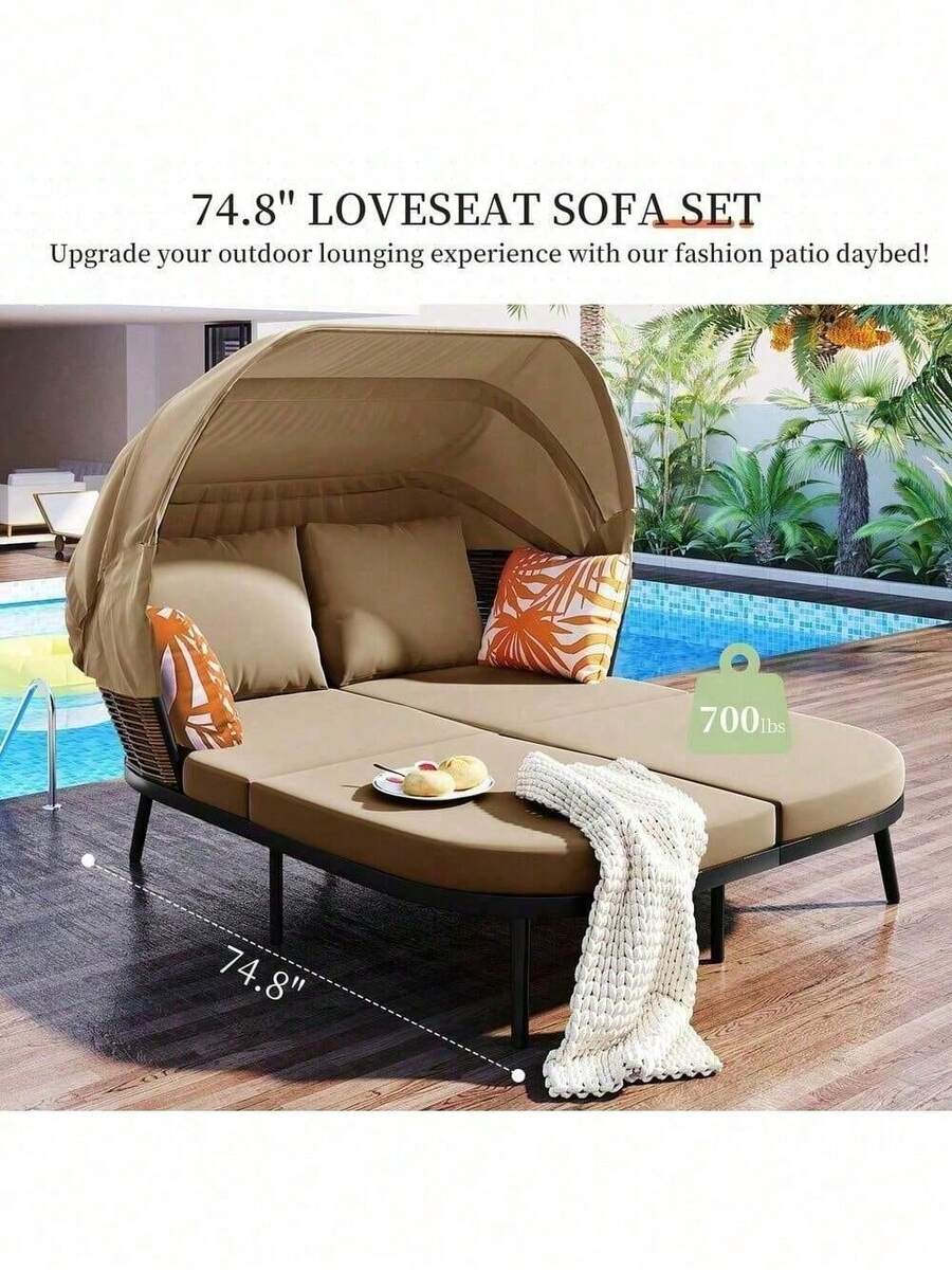 Diván de patio con dosel retráctil, diván de dos plazas de ratán y PE ...
