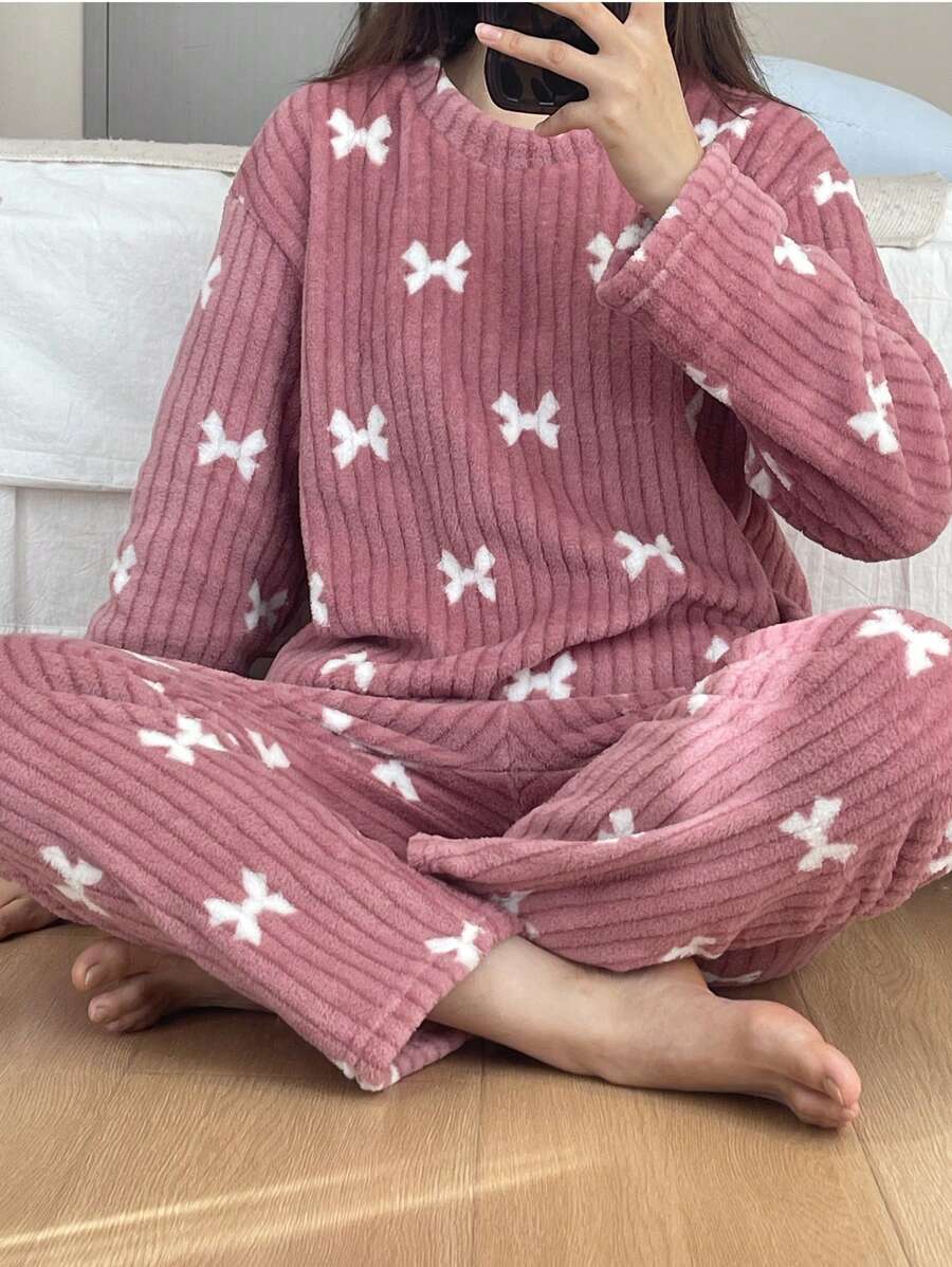 2pcs Set Coral Fleece & Flannel Bow Pajama Set, Simple Print Sleepwear ...