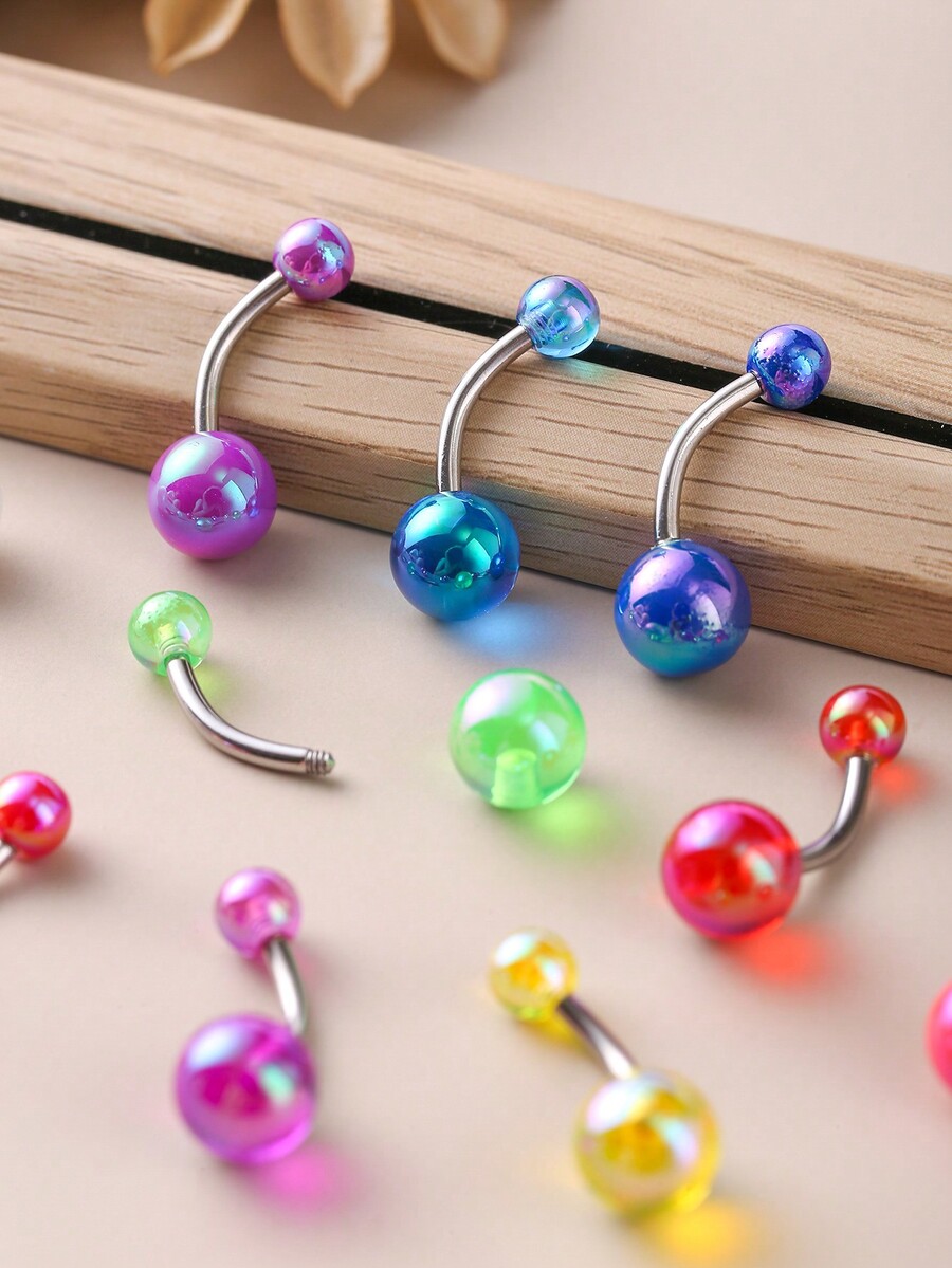 10pcs/Pack Rainbow Color Acrylic Mixed Vacuum Coated Stainless Steel Navel Rings, Colorful ...