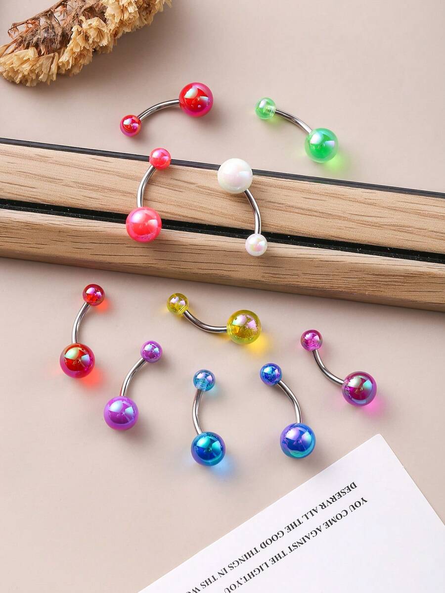 10pcs/Pack Rainbow Color Acrylic Mixed Vacuum Coated Stainless Steel Navel Rings, Colorful ...