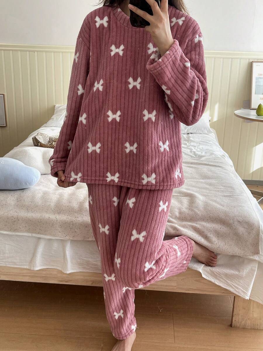 2pcs Set Coral Fleece & Flannel Bow Pajama Set, Simple Print Sleepwear ...