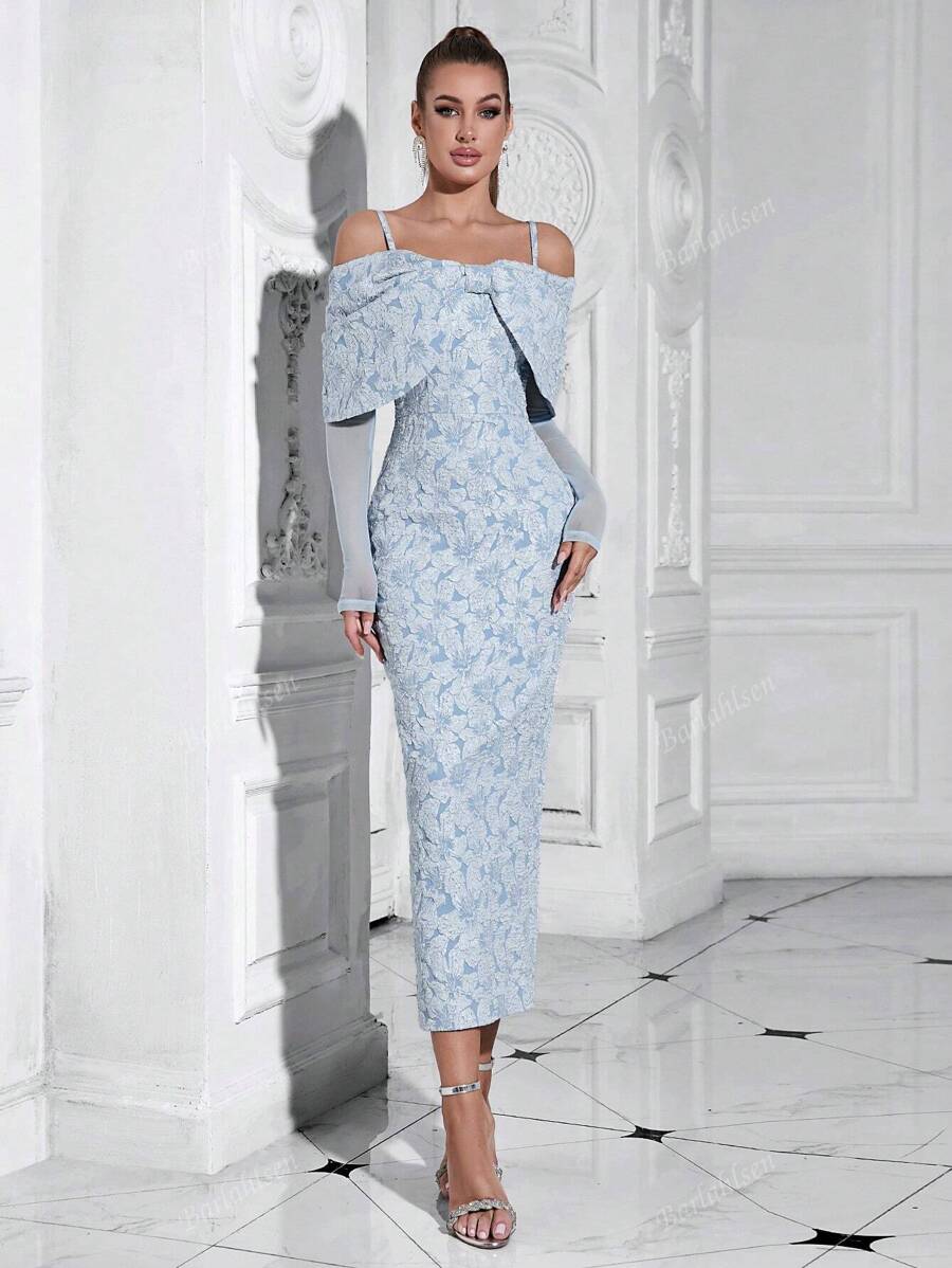 Cold Shoulder Long Sleeve Mesh Long-Sleeve Slit Floral Jacquard Dress ...