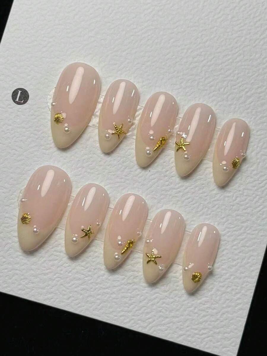 10pcs Handmade Almond Milk White French Tip Golden Seashell 3d Elegant