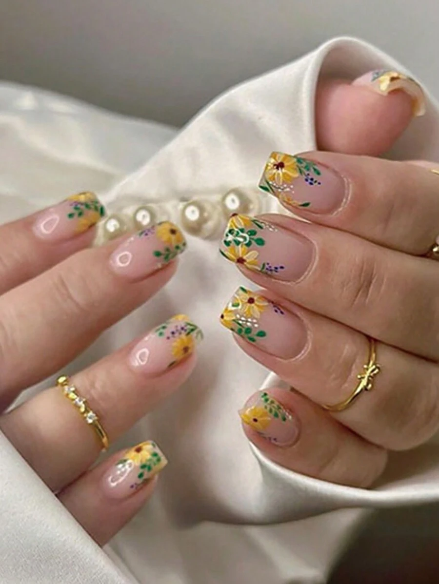 24 PEÇAS Unhas Quadradas Médias, Unhas Postiças Criativas e Elegantes ...