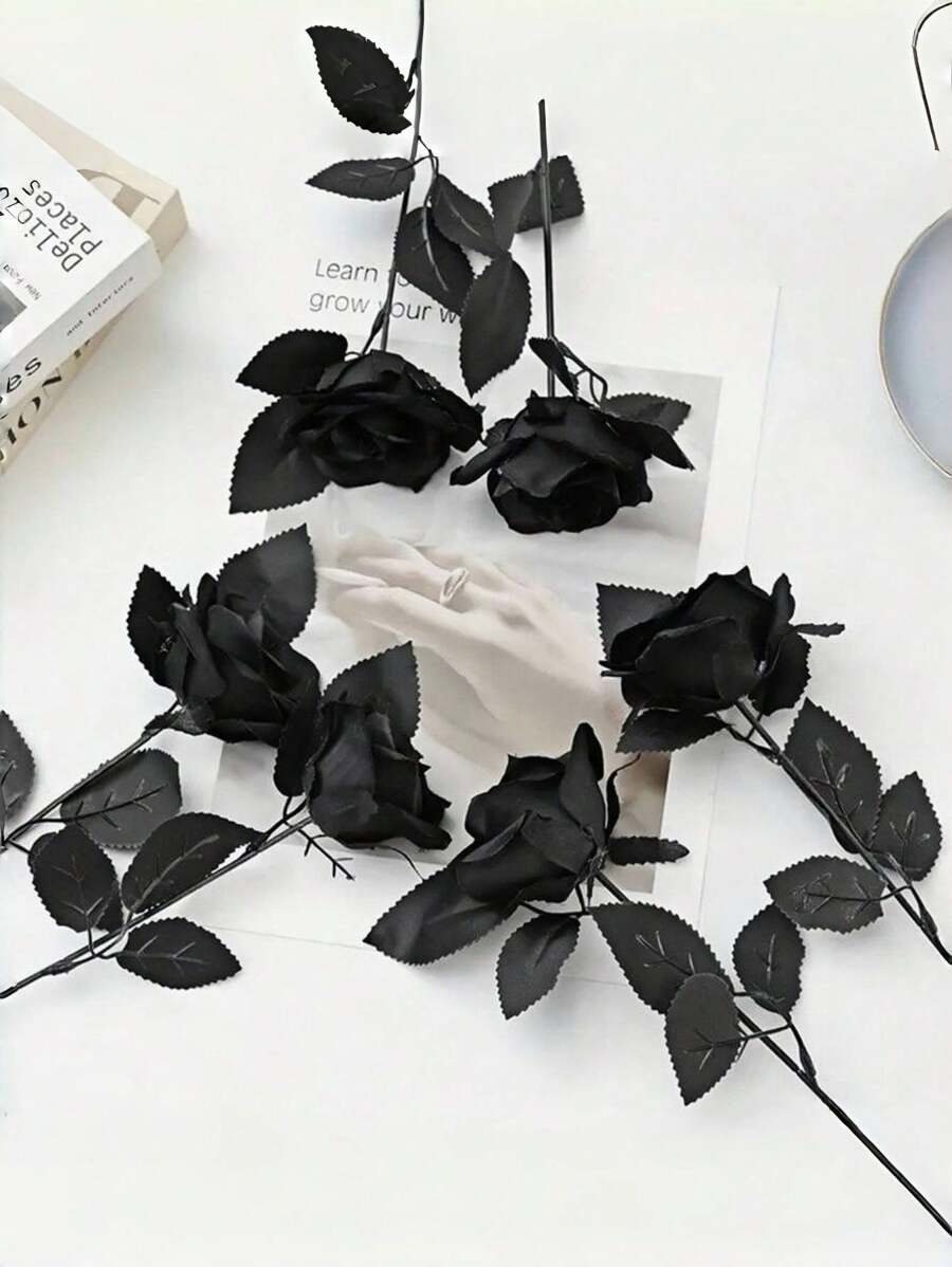 20 Long Stem Artificial Black Roses, Plastic Festoons For Valentine's ...