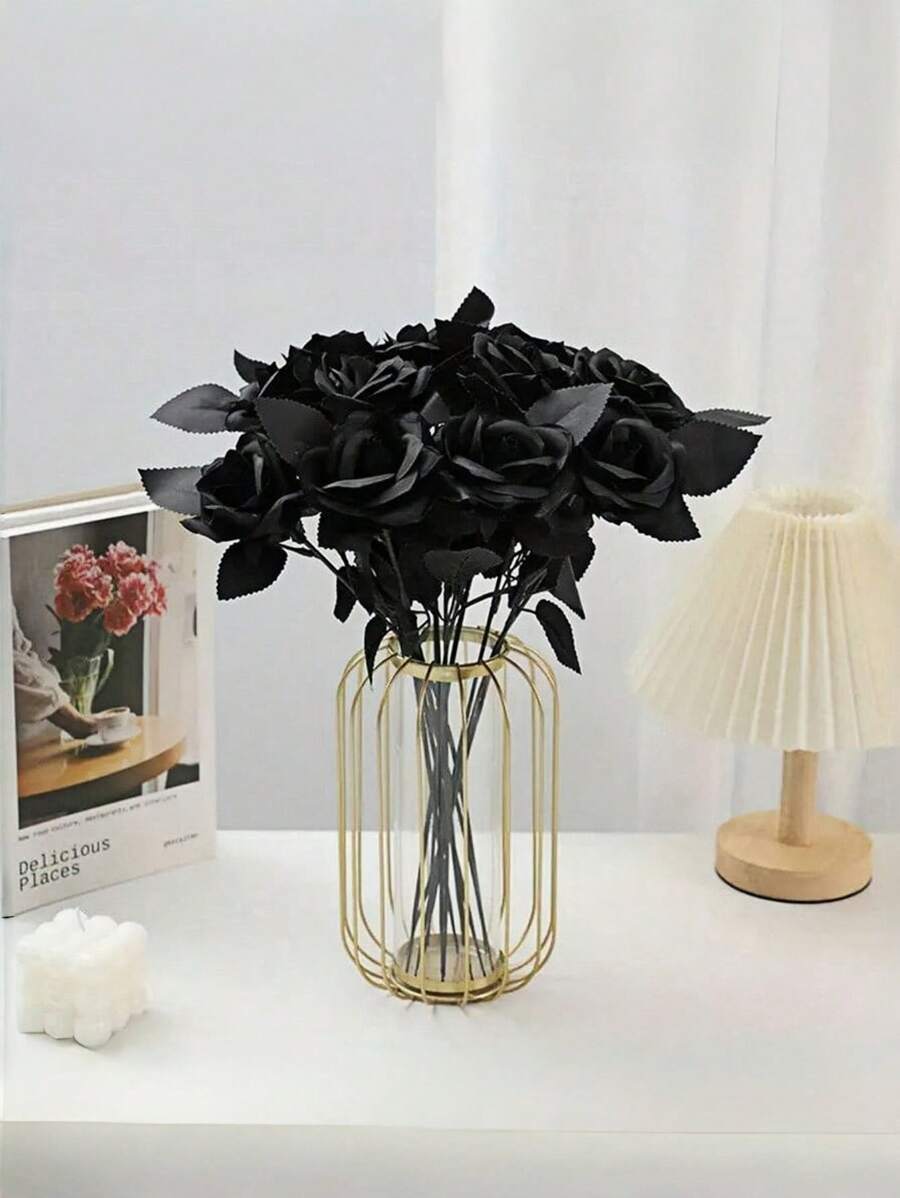 20 Long Stem Artificial Black Roses, Plastic Festoons For Valentine's ...