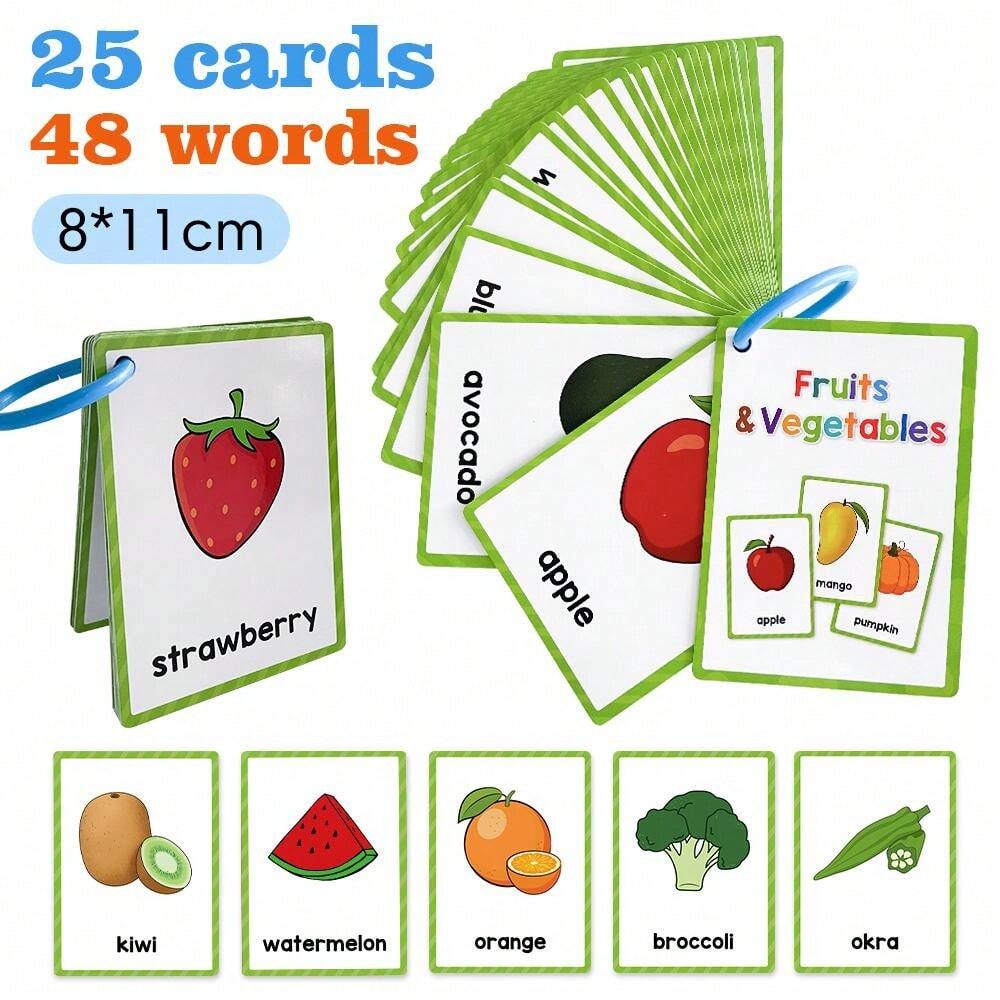25 PCS/Set Vegetables And Fruits Flash Cards English Flash Cards Pocket ...