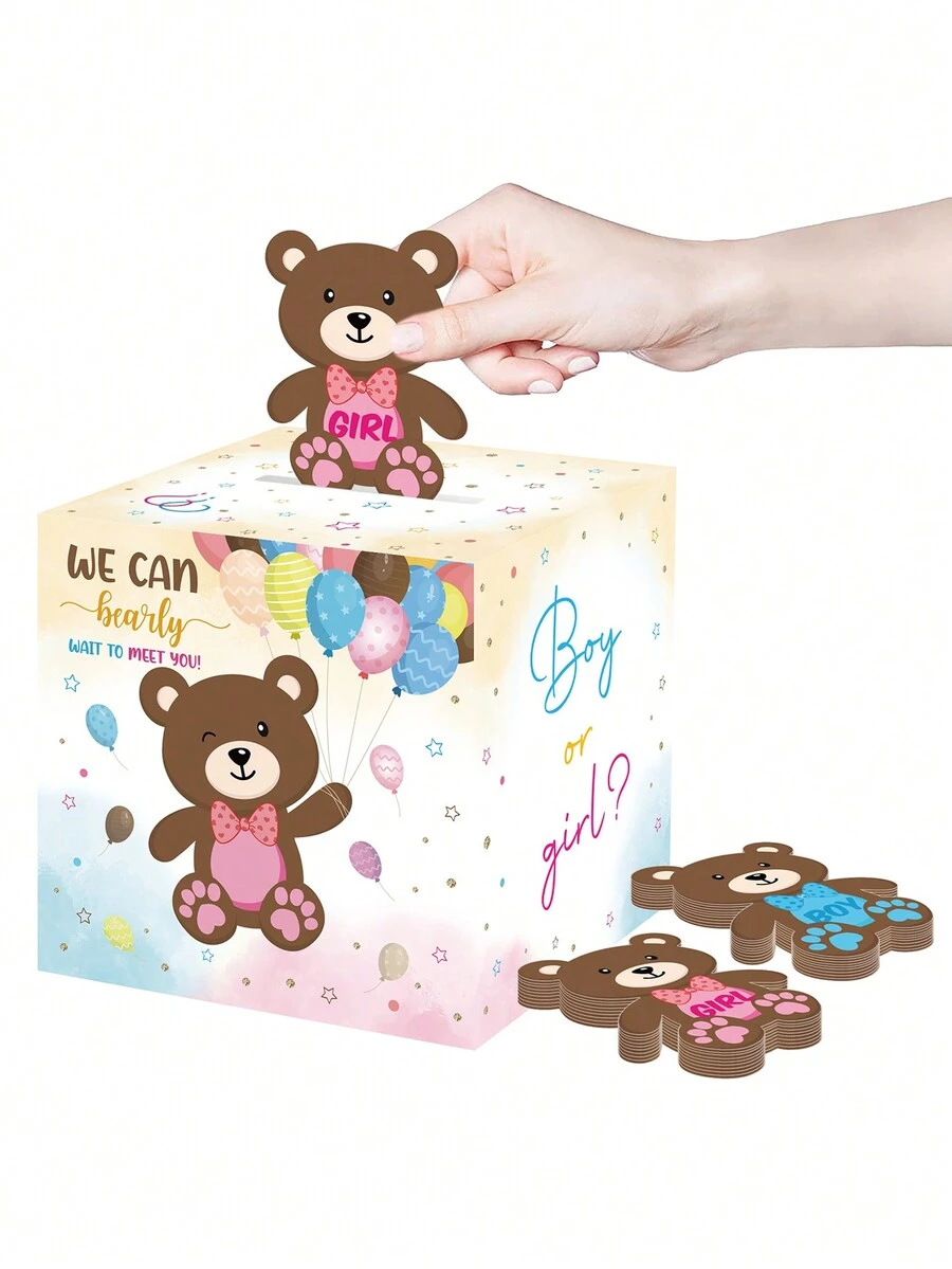 24pcs/Set Cartoon Bear Themed Ballot Box With Voting Cards For Gender ...