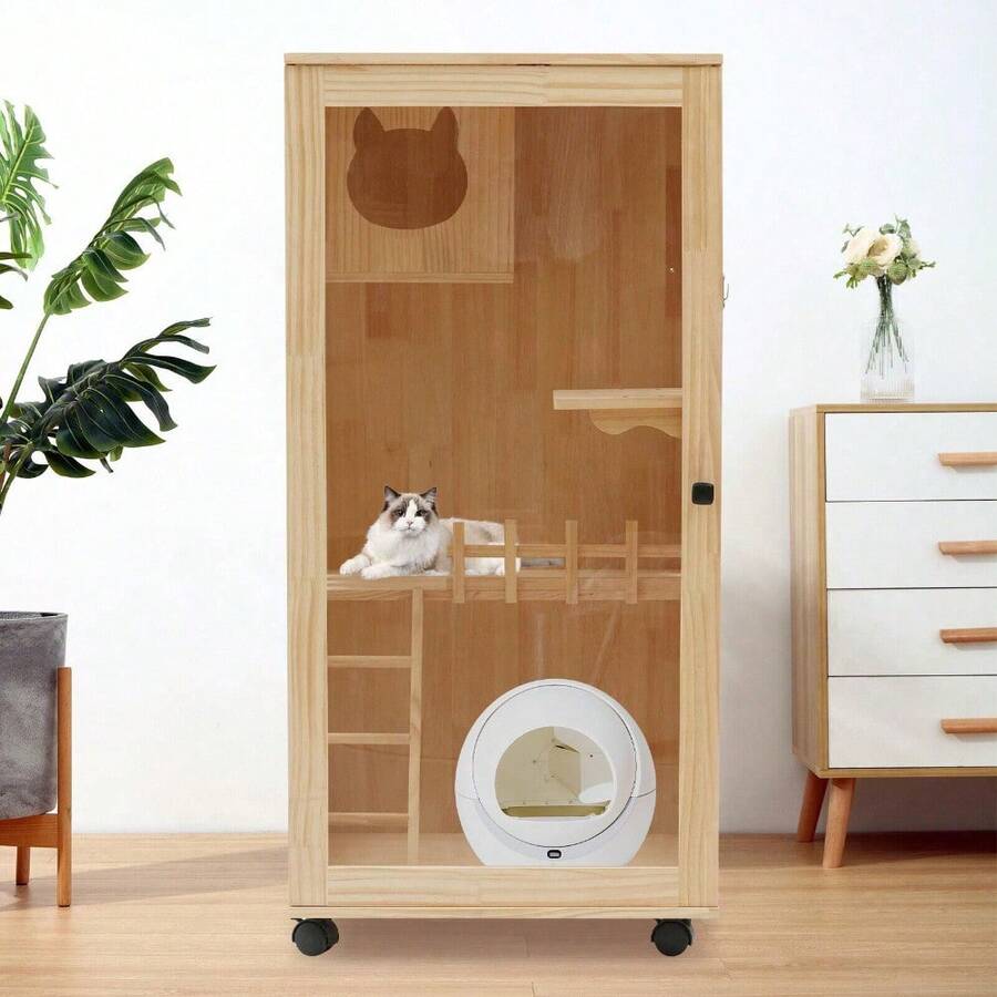 Large Wooden Indoor Cat Enclosure Catio Cage With Ramp And Covered Cat ...