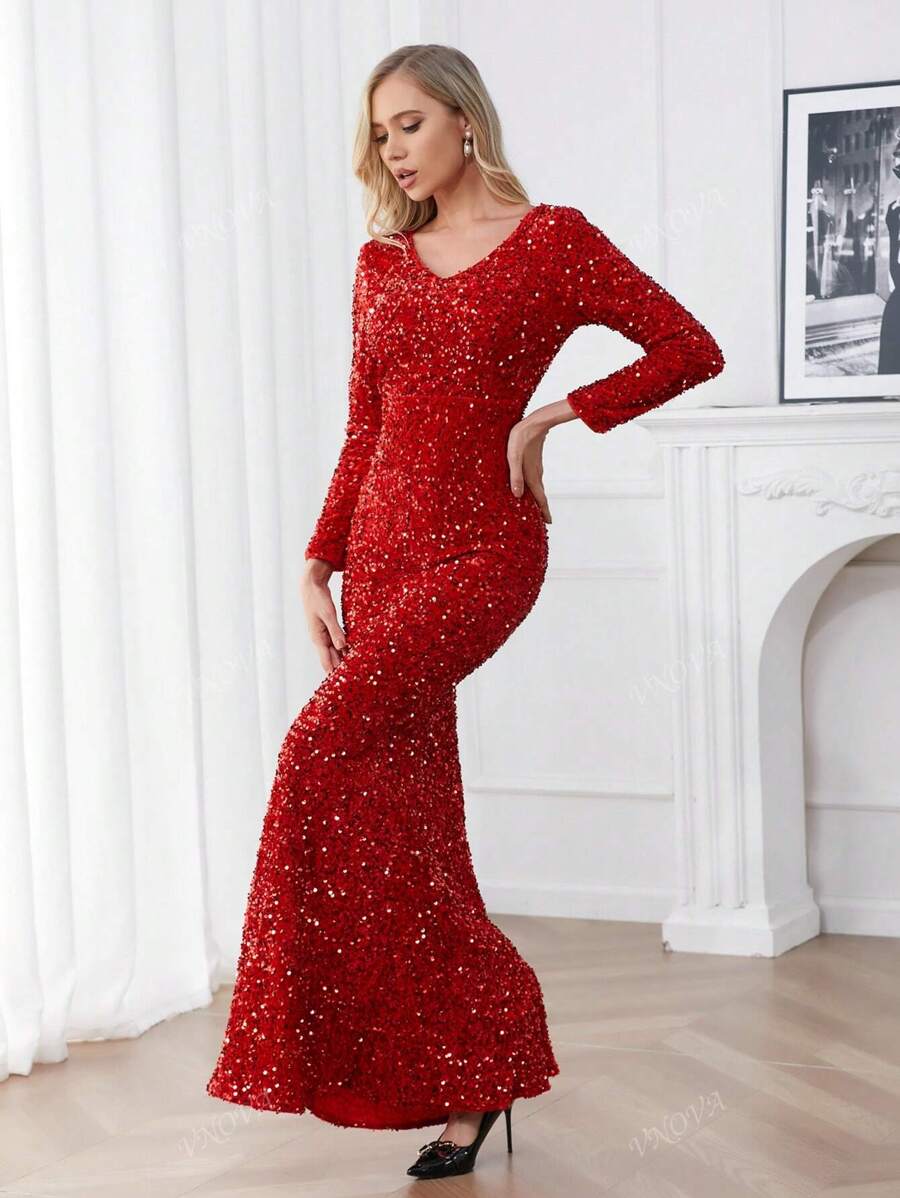 Deep Red Long Sleeve V-Neck Sequin Mermaid Dress, Elegant Semi Formal ...