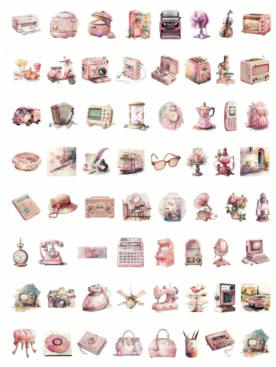 63pcs Pink Vintage Sticker Pack, Retro Nostalgic Stickers For DIY Phone ...