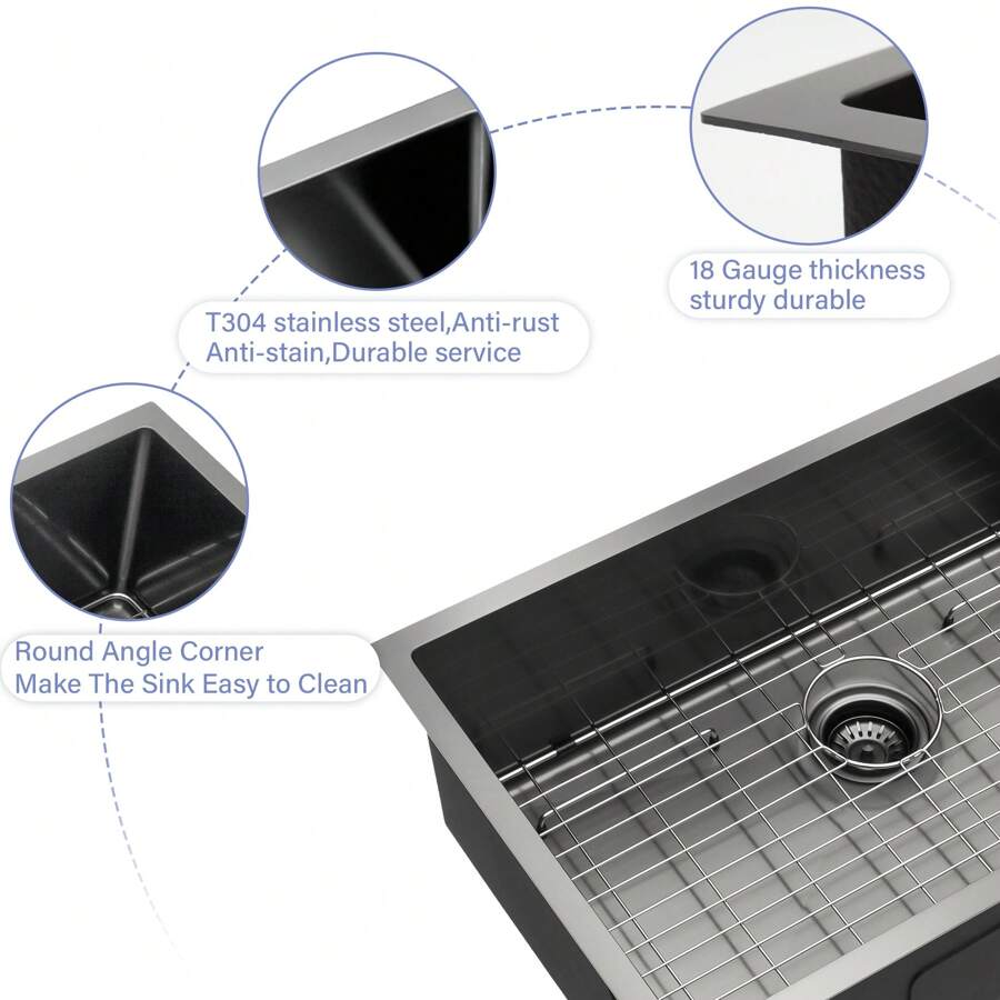 30 Inch Black Undermount Stainless Steel Sink With Curved Corners ...