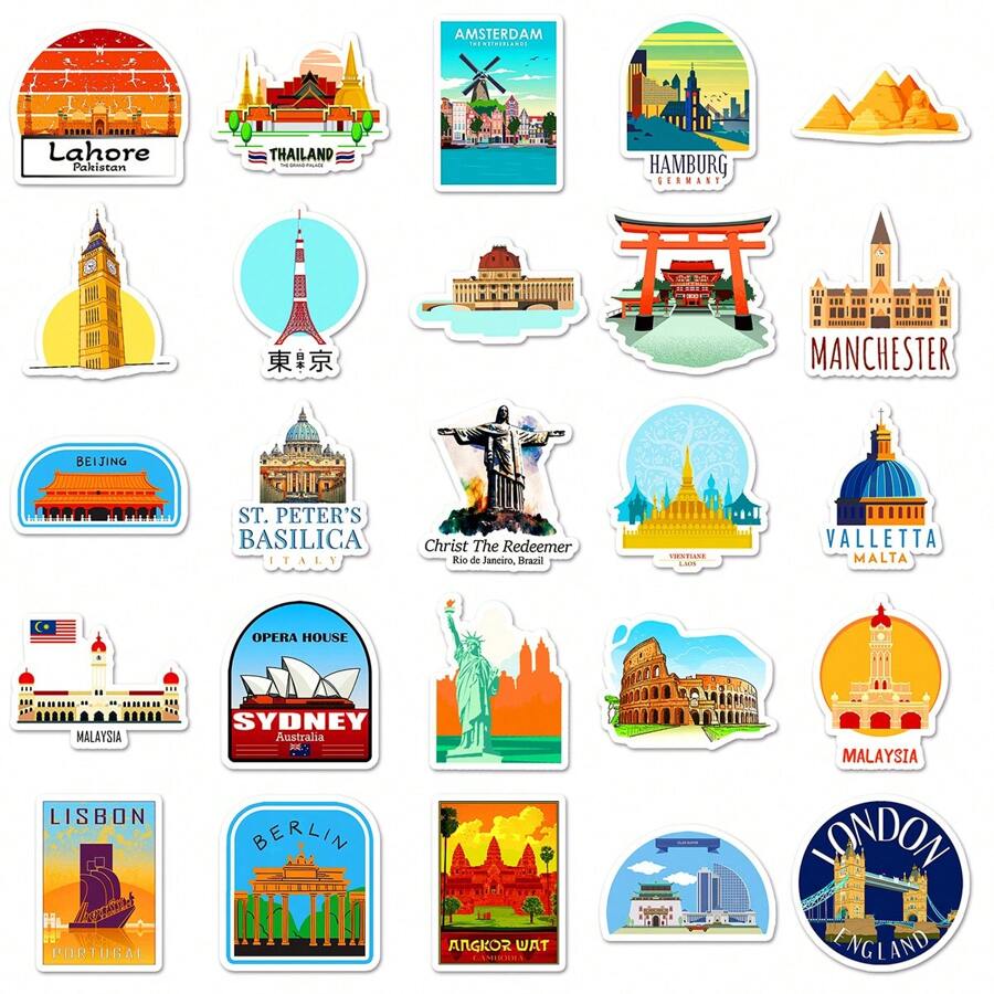 50pcs Famous Landmark Stickers, City Scenery Personality Outdoor Travel ...