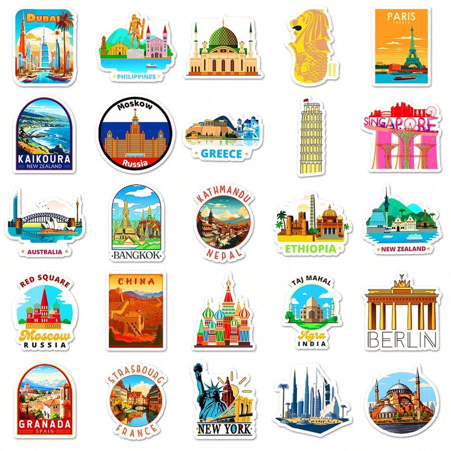 50pcs Famous Landmark Stickers, City Scenery Personality Outdoor Travel ...