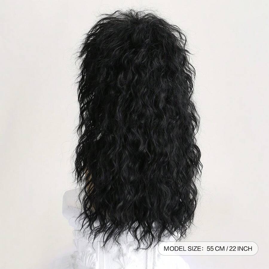 Peluca negra rizada larga y voluminosa de 22 pulgadas para hombres con ...