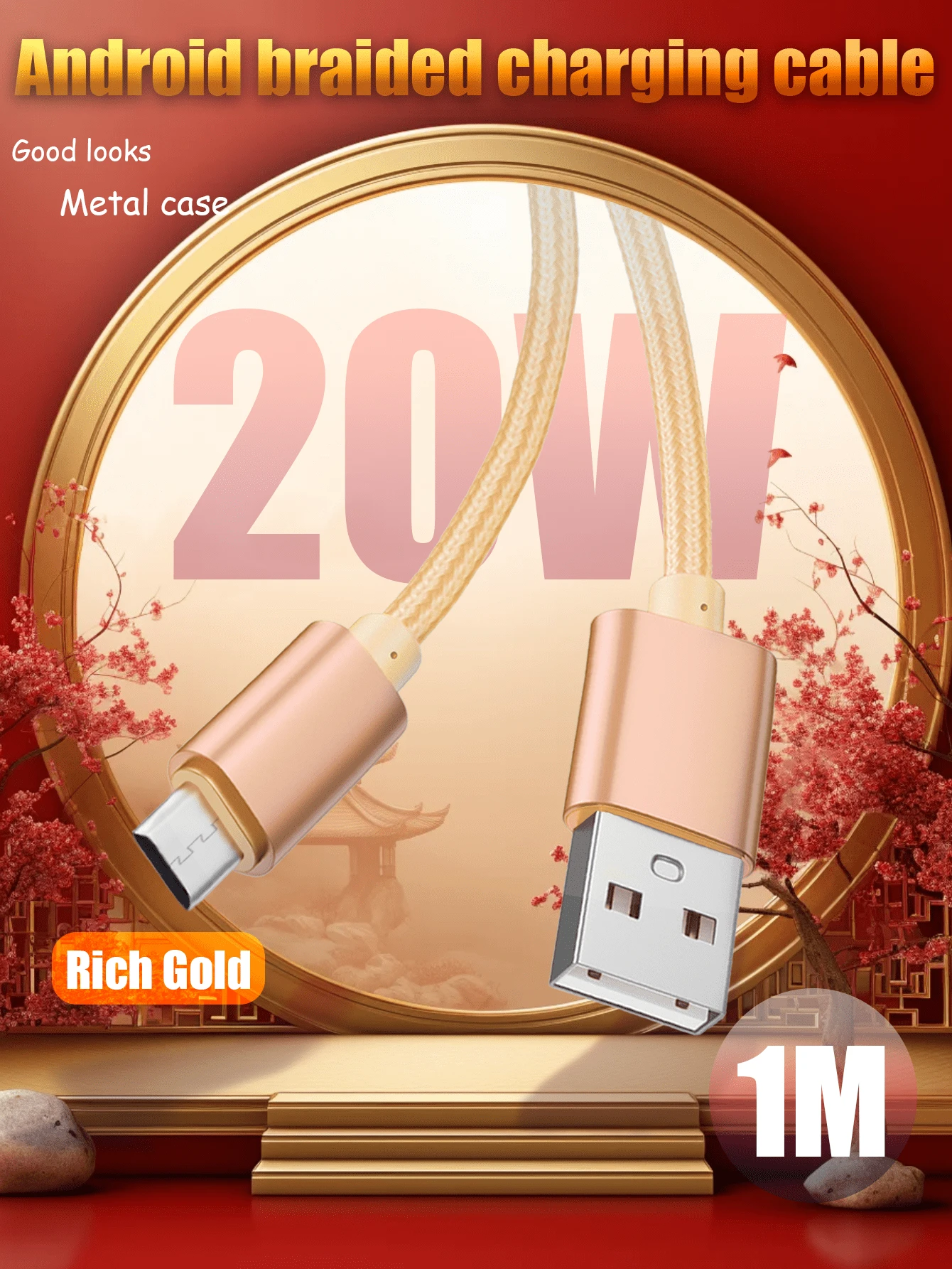 USB To Android Cable With Golden Braided Cord. Safe Slow Charge, One ...