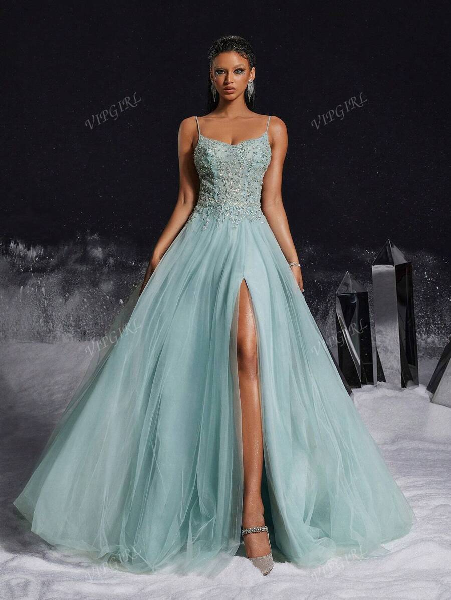 VIPGIRL Elegant Light Blue Spaghetti Strap Beaded Tulle High-Slit Gown ...