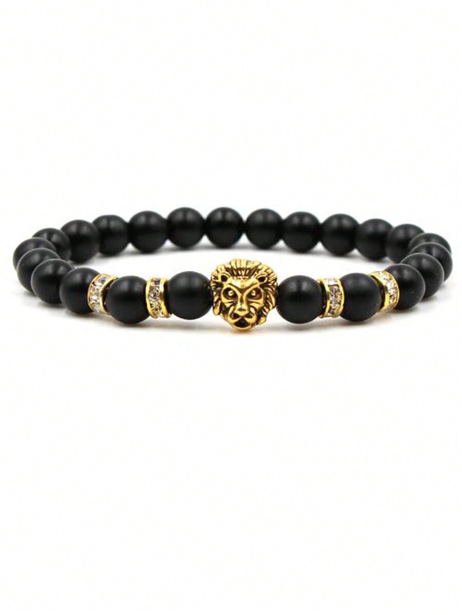 8mm Matte Black Stone With Antique Gold Color Lion Head Elastic ...