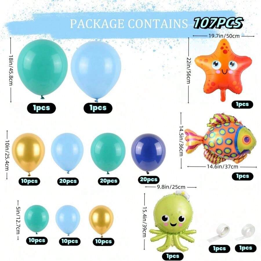 107pcs/Set Ocean Animal Theme Balloon Arch Kit, Navy Blue, Sky Blue ...