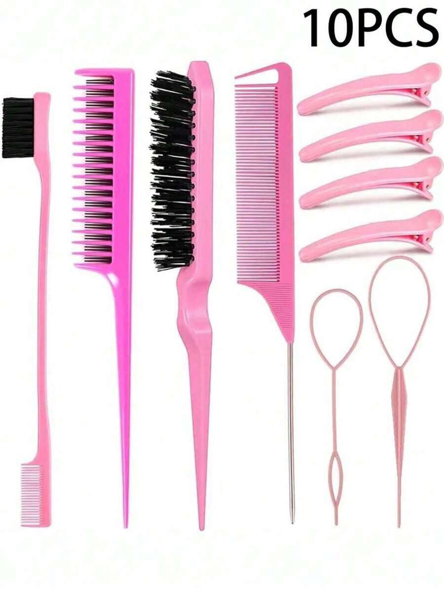 10pcs Topsy Tail Hair Tool, Pink Hair Looping Tool With Rat Tail Comb ...