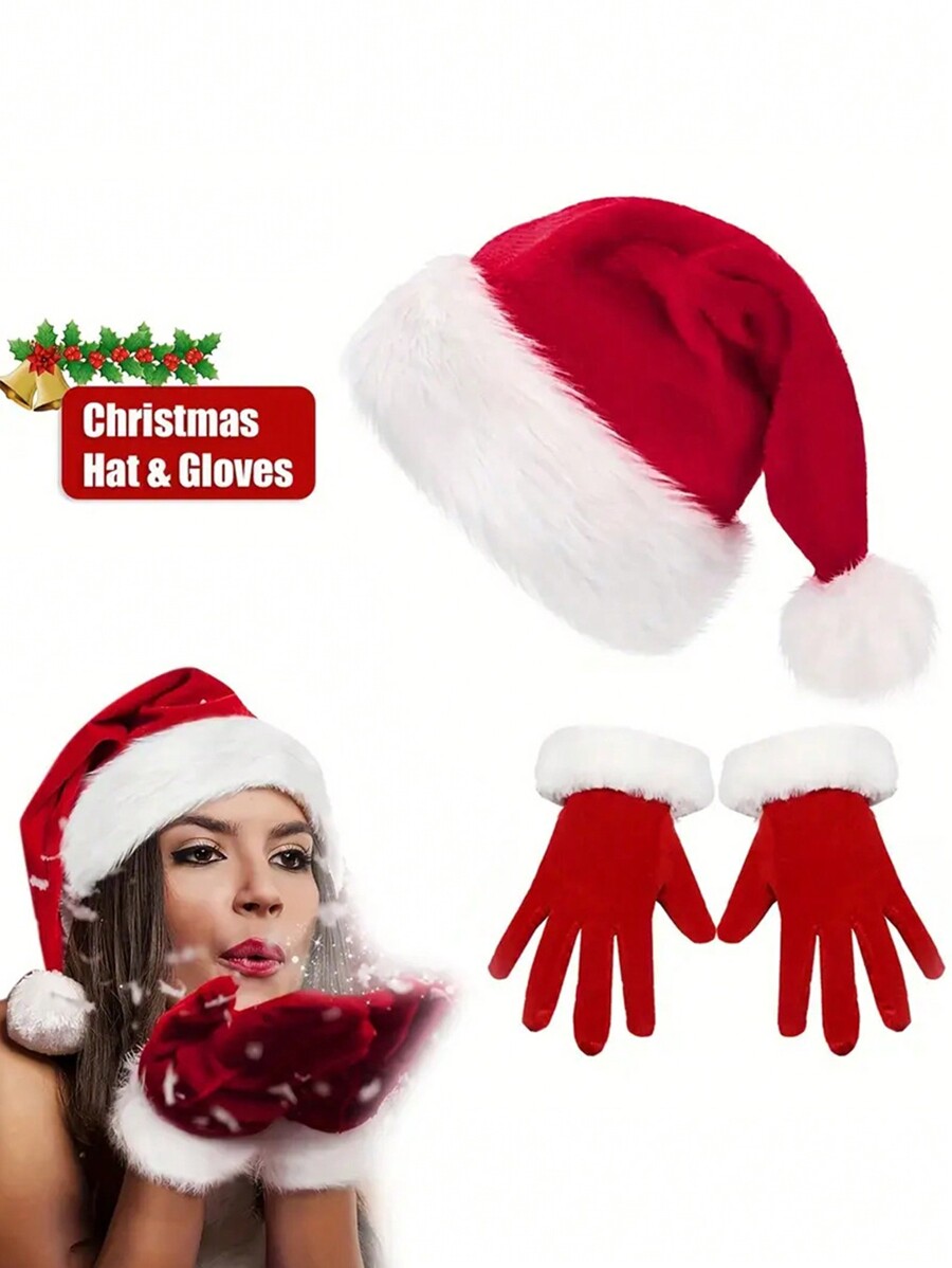 3pcs Santa Claus Costume Accessories Set (Santa Hat & Gloves), Cute Red ...